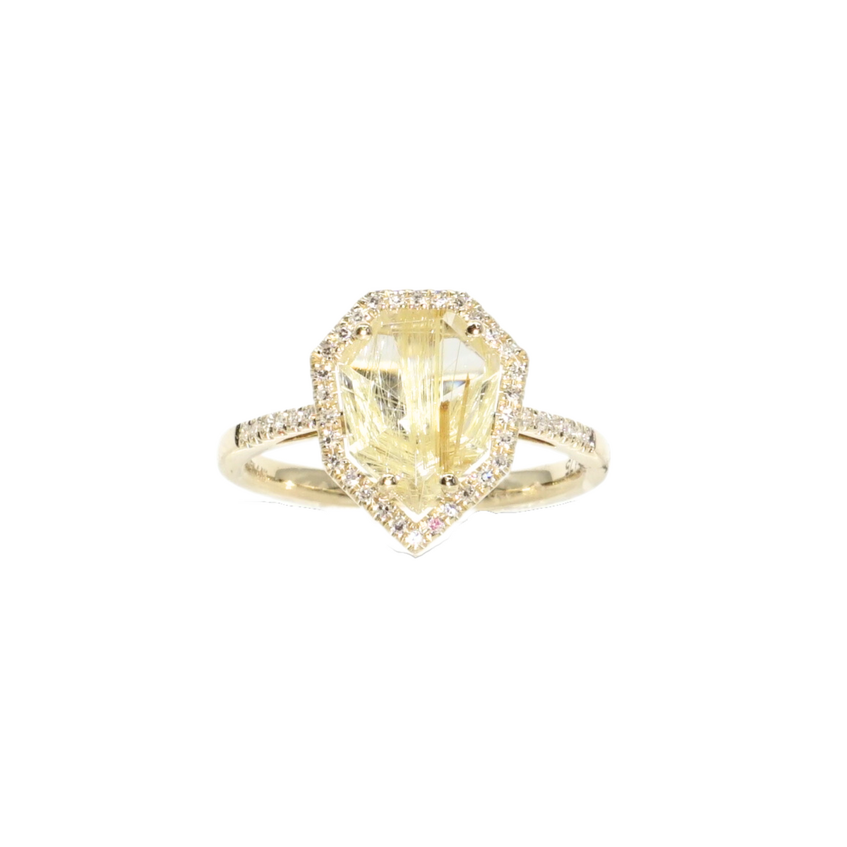 Liven Co. Shield Cut Rutilated Quartz Finger Ring with Diamond Halo Go ...